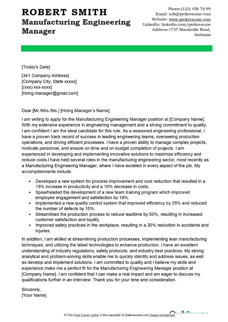 Manufacturing Engineering Manager Cover Letter Examples QwikResume