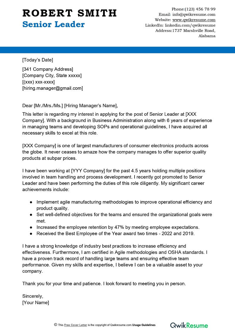 Senior Manager Cover Letter Examples QwikResume