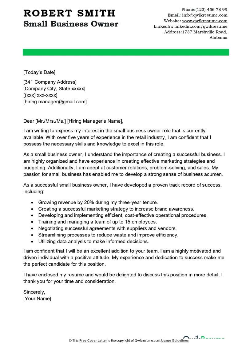 Small Business Owner Cover Letter Examples QwikResume