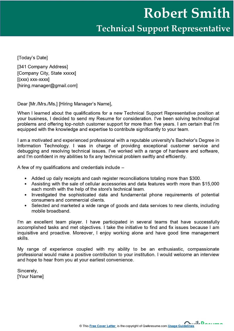 Technical Support Representative Cover Letter Examples QwikResume