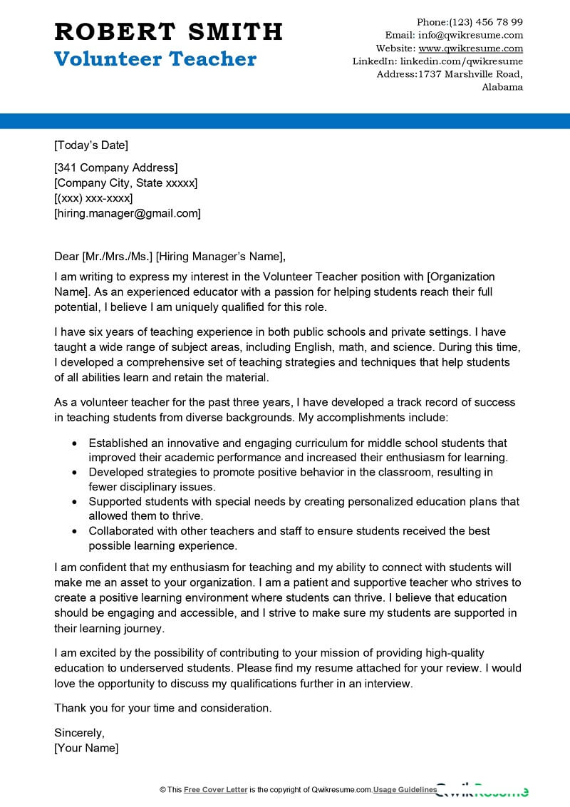 Volunteer Teacher Cover Letter Examples QwikResume