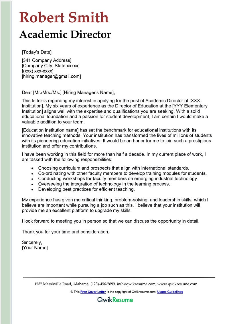 Academic Director Cover Letter Examples QwikResume