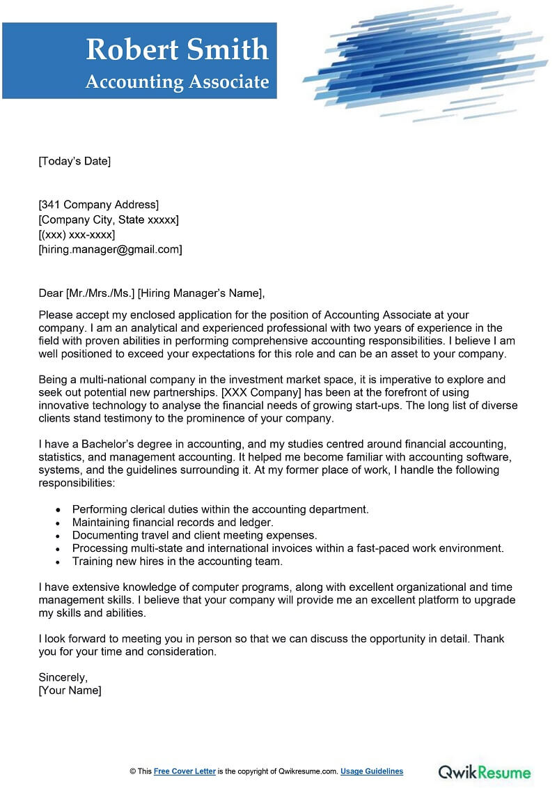Accounting Associate Cover Letter Examples QwikResume