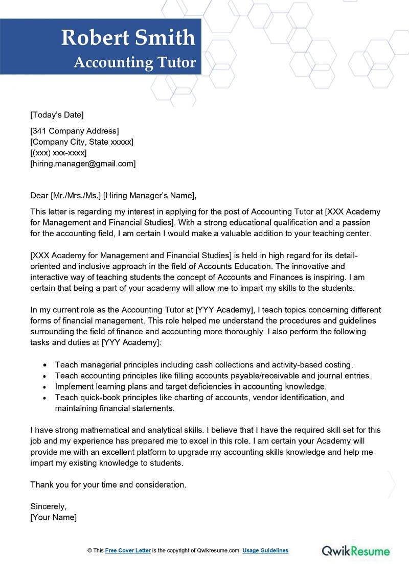 Accounting Tutor Cover Letter Examples QwikResume