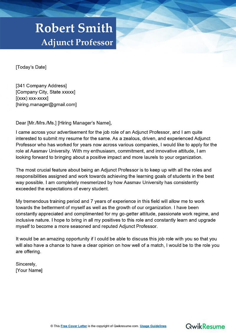 Adjunct Professor Cover Letter Examples QwikResume