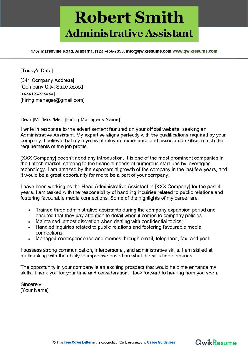 Administrative Professional Cover Letter Examples QwikResume