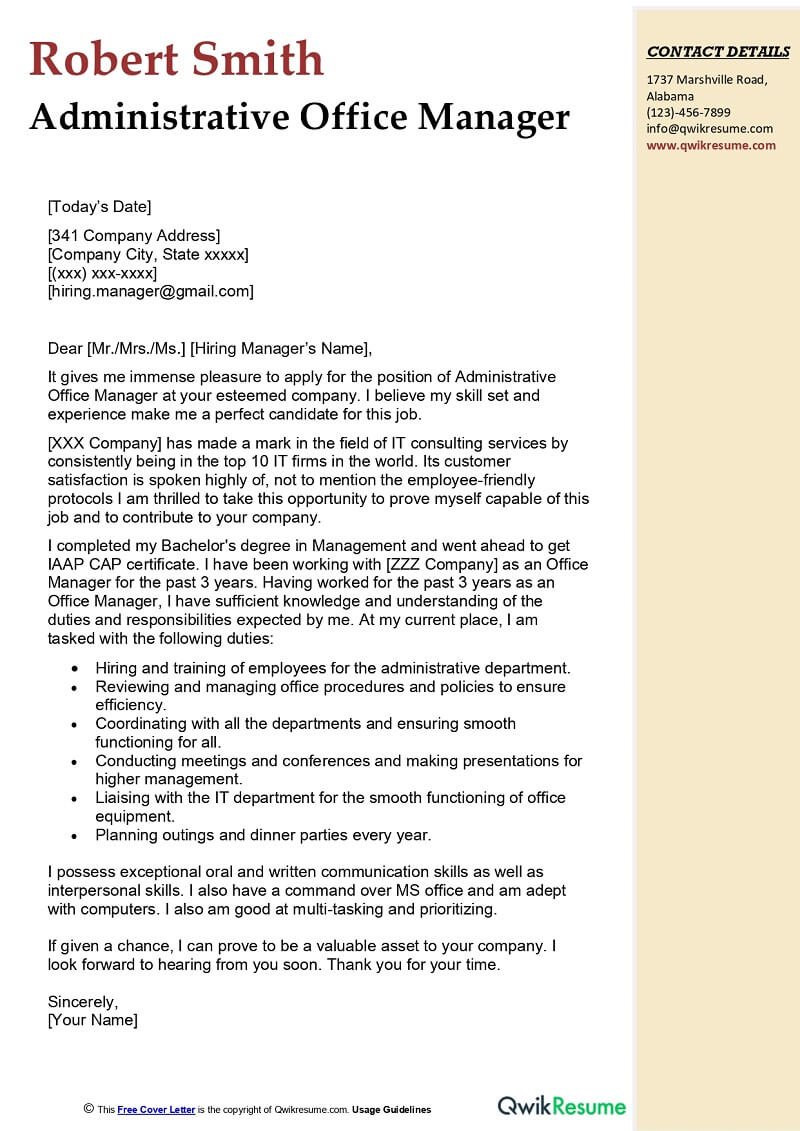 Administrative Office Manager Cover Letter Examples QwikResume
