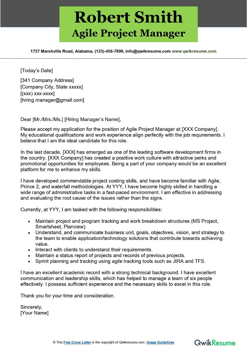 Agile Project Manager Cover Letter Examples QwikResume