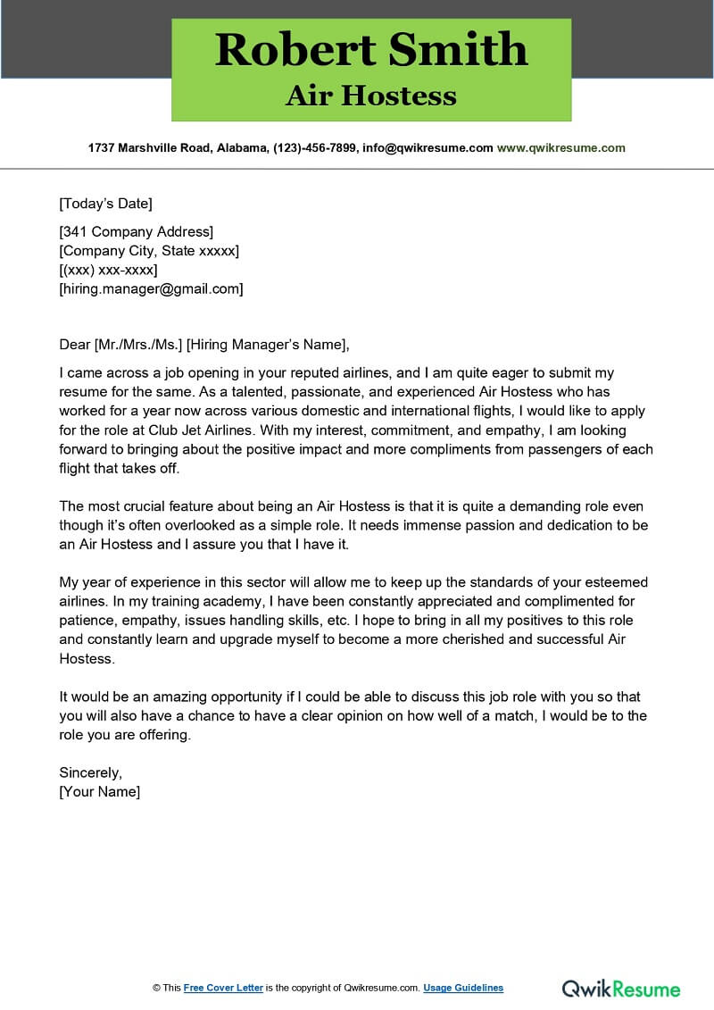 Air Hostess Cover Letter Examples QwikResume