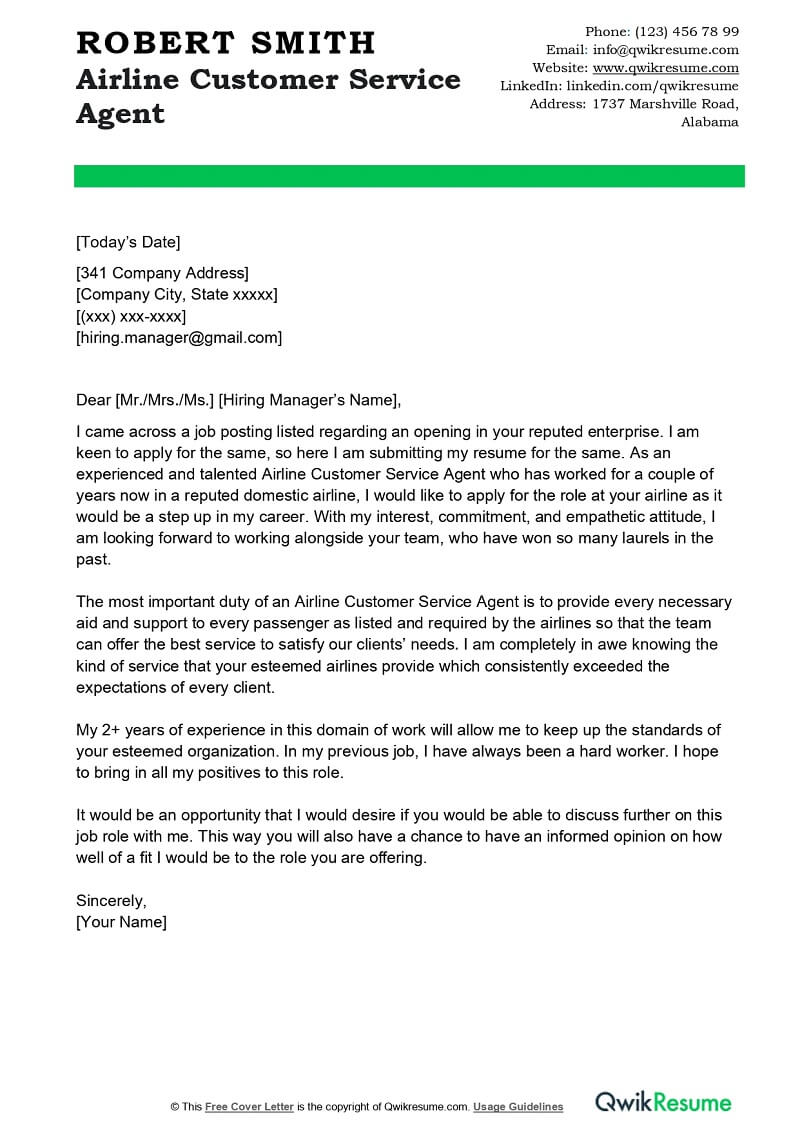Airline Customer Service Agent Cover Letter Examples QwikResume