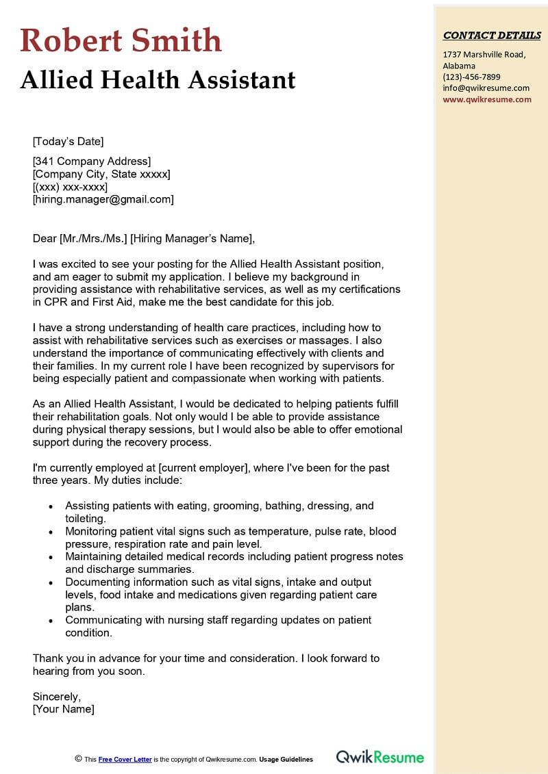 Allied Health Assistant Cover Letter Examples QwikResume
