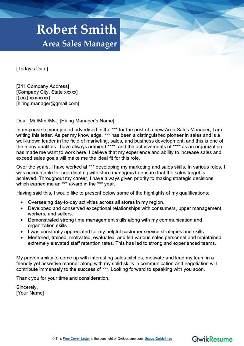Area Sales Manager Cover Letter Examples QwikResume