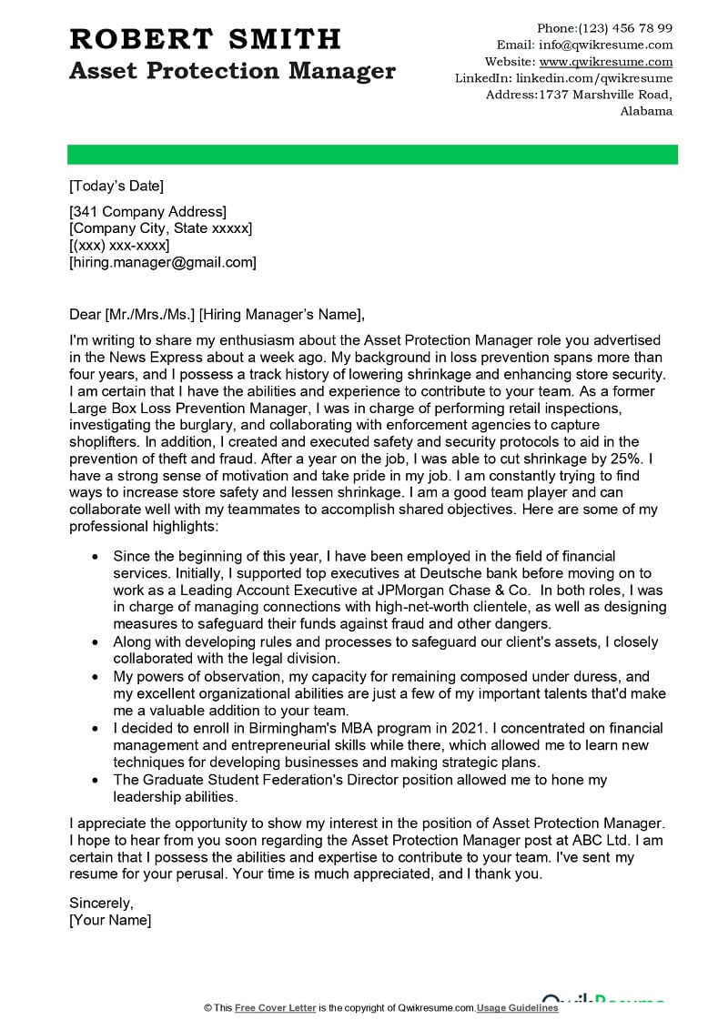 Asset Protection Manager Cover Letter Examples QwikResume