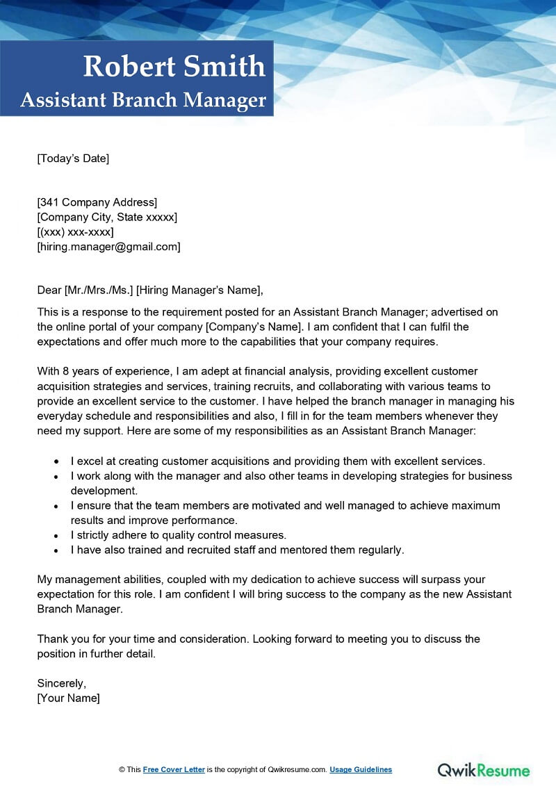 Assistant Branch Manager Cover Letter Examples QwikResume