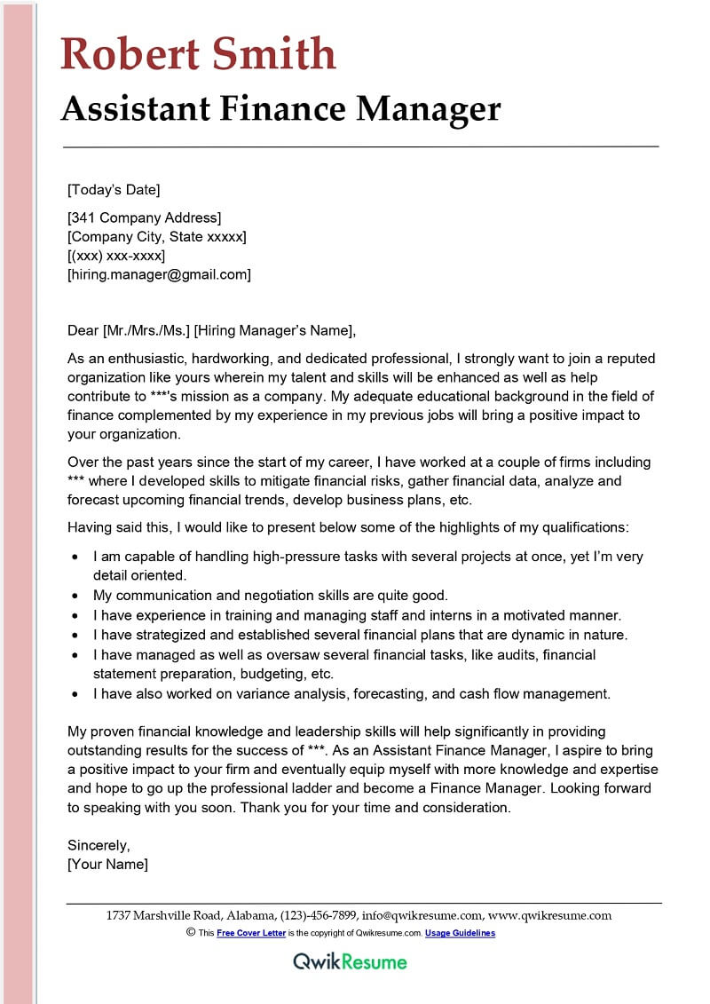 Assistant Finance Manager Cover Letter Examples QwikResume