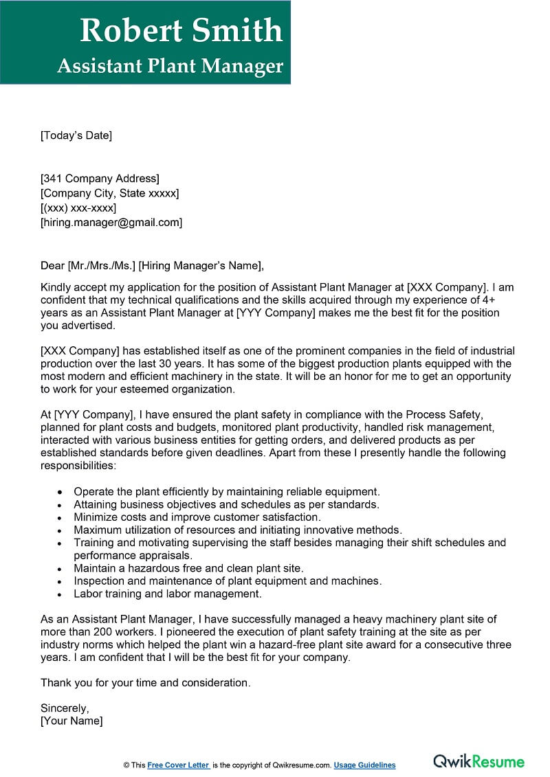  Plant Manager Cover Letter Examples QwikResume
