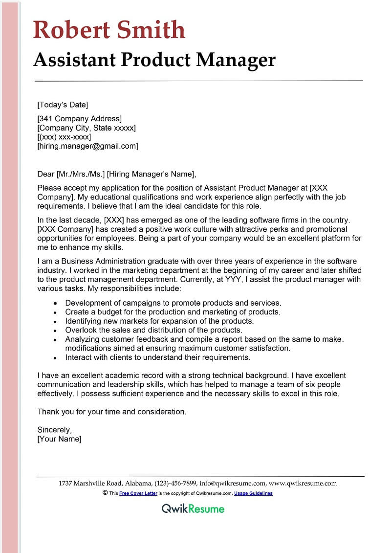 Assistant Product Manager Cover Letter Examples QwikResume