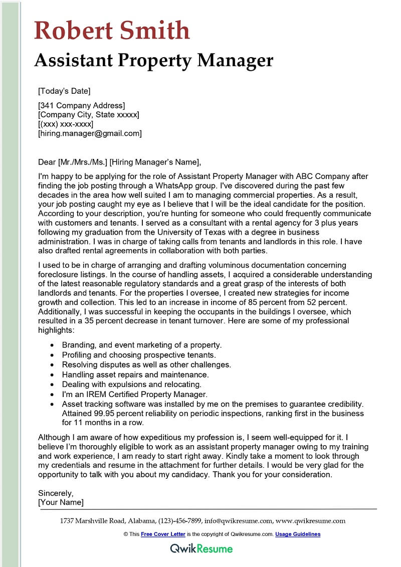 Assistant Property Manager Cover Letter Examples QwikResume