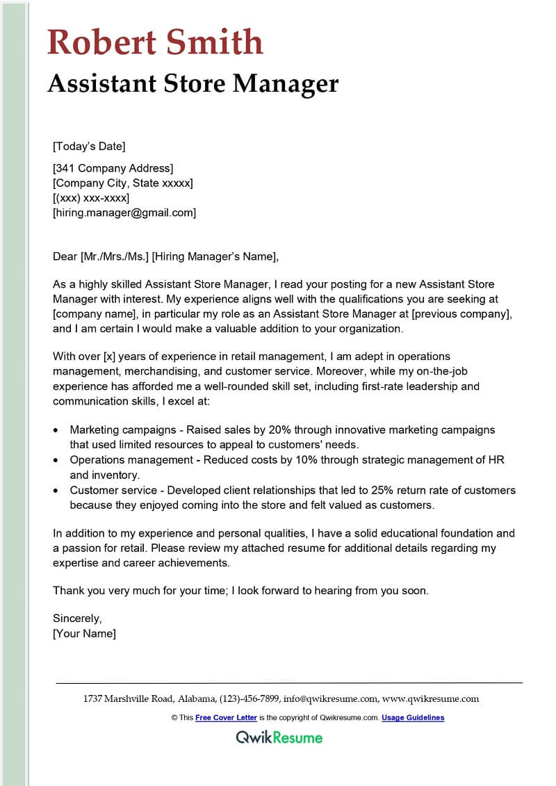 Assistant Store Manager Cover Letter Examples QwikResume