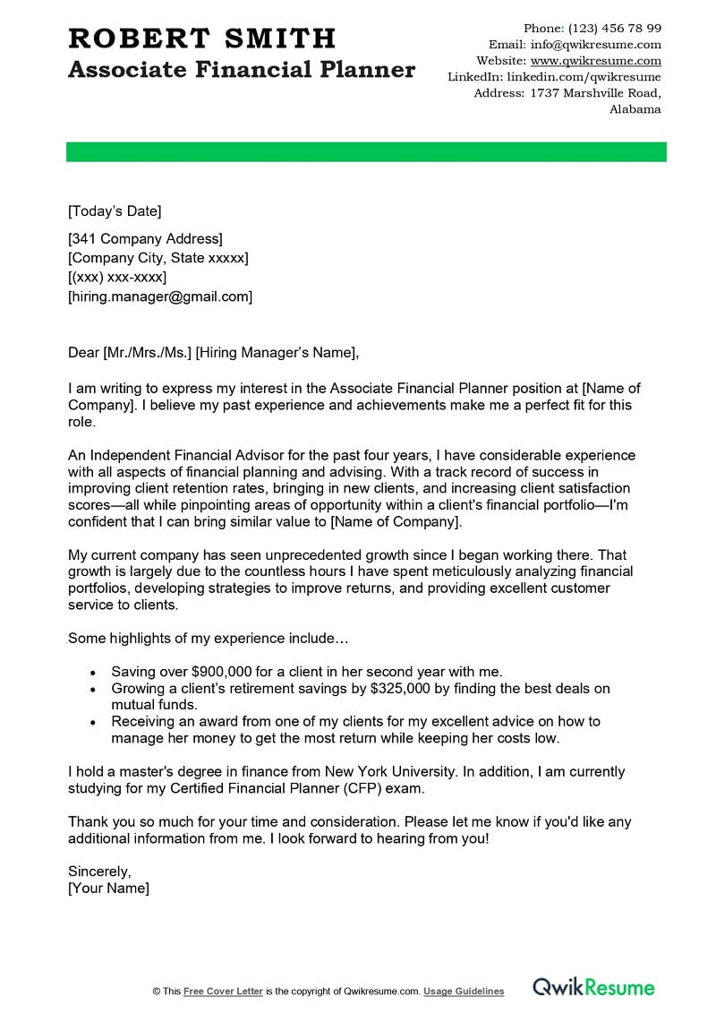 Associate Financial Planner Cover Letter Examples QwikResume