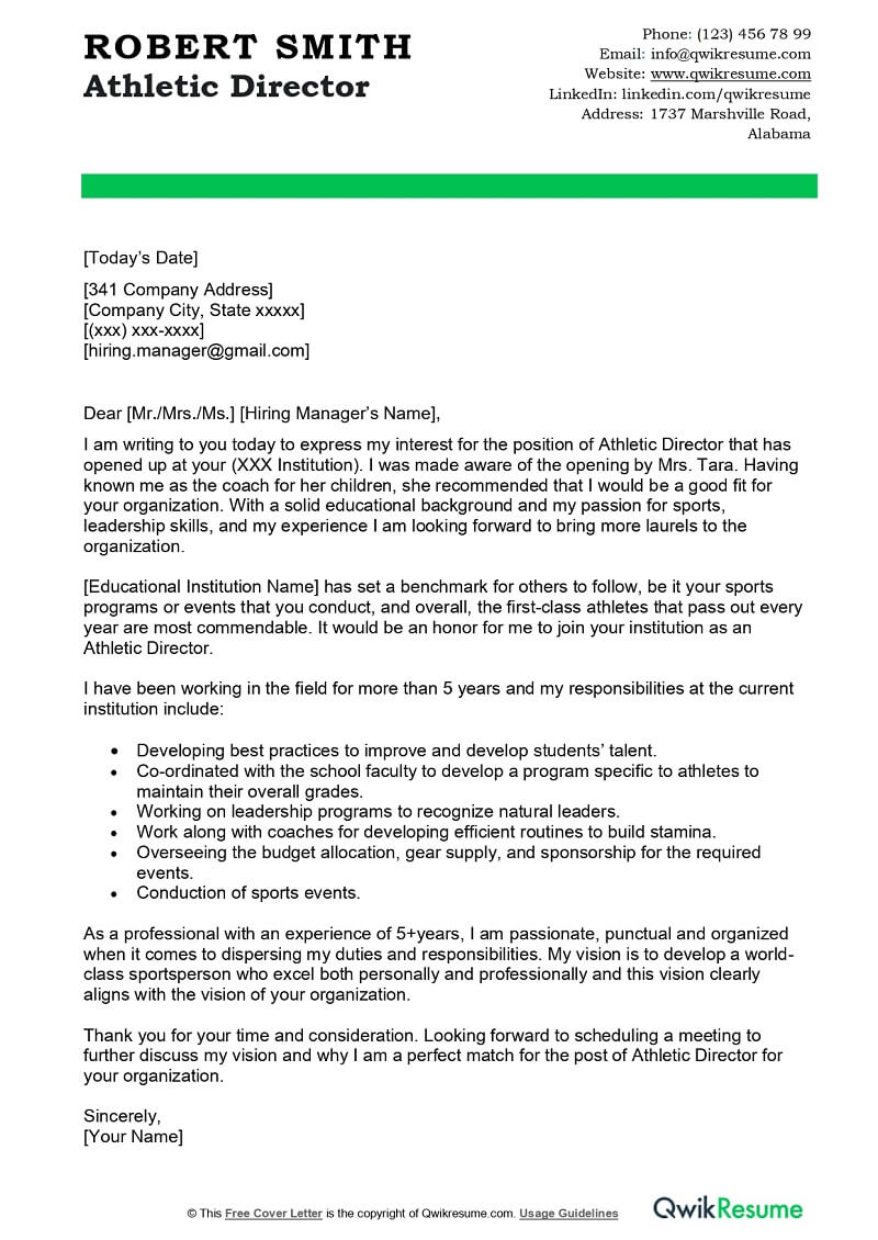 Athletic Director Cover Letter Examples QwikResume