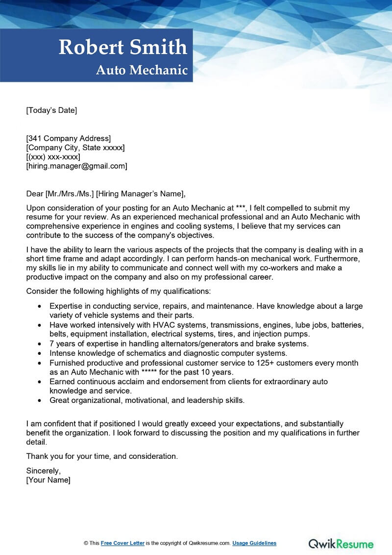Auto Mechanic Cover Letter Examples QwikResume