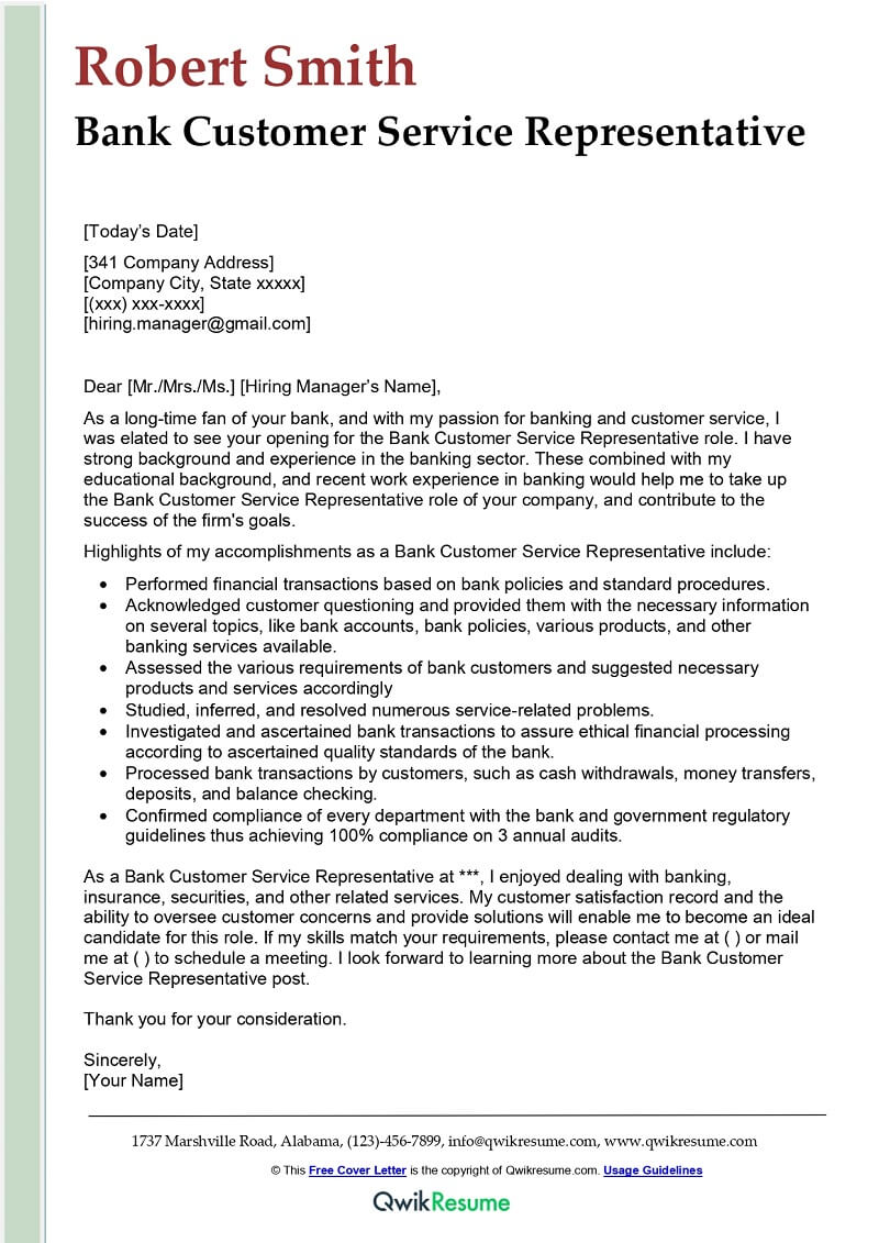 Bank Customer Service Representative Cover Letter Examples QwikResume
