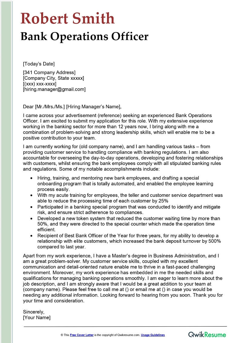 Bank Operations Officer Cover Letter Examples QwikResume
