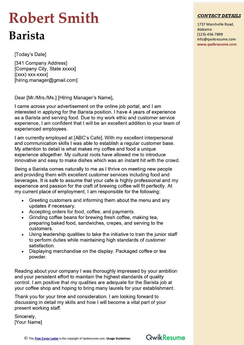 Barista Cover Letter Examples QwikResume Barista Cover Letter Examples QwikResume