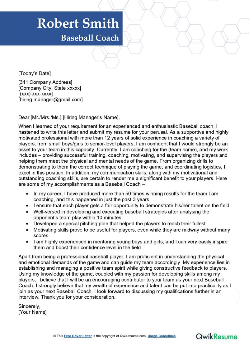 Baseball Coach Cover Letter Examples QwikResume