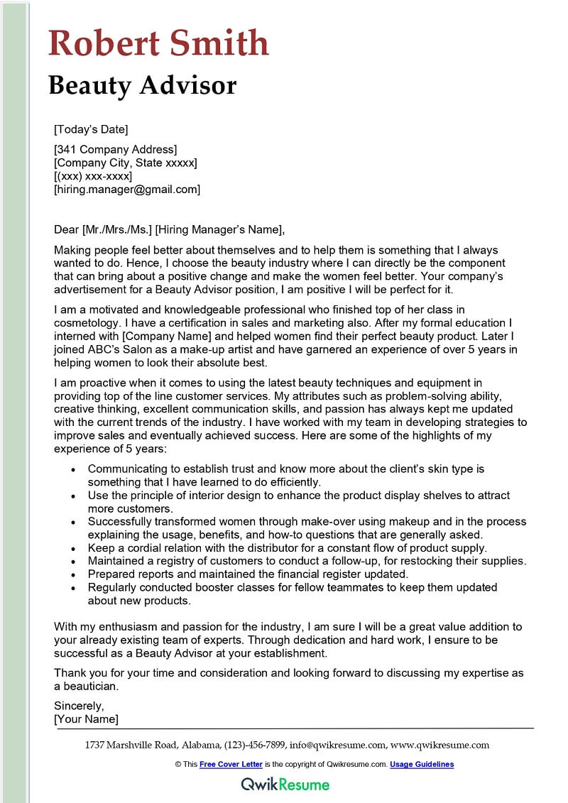 Beauty Advisor Cover Letter EllisSuh Blog