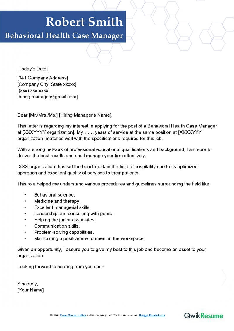 Behavioral Health Case Manager Cover Letter Examples QwikResume