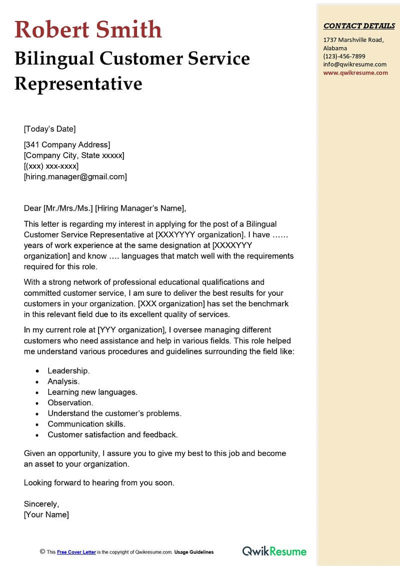 Client Service Representative Cover Letter Examples QwikResume