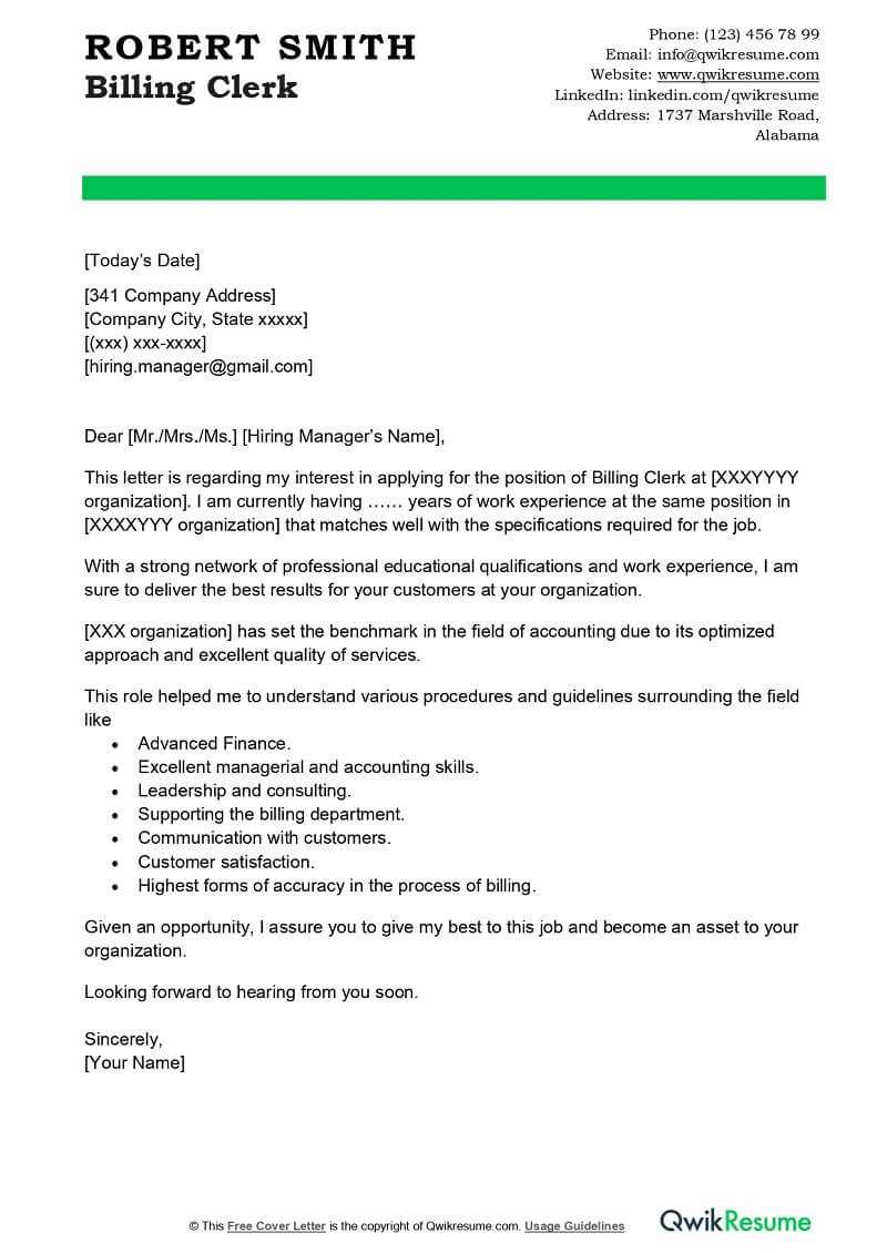 Billing Clerk Cover Letter Examples QwikResume