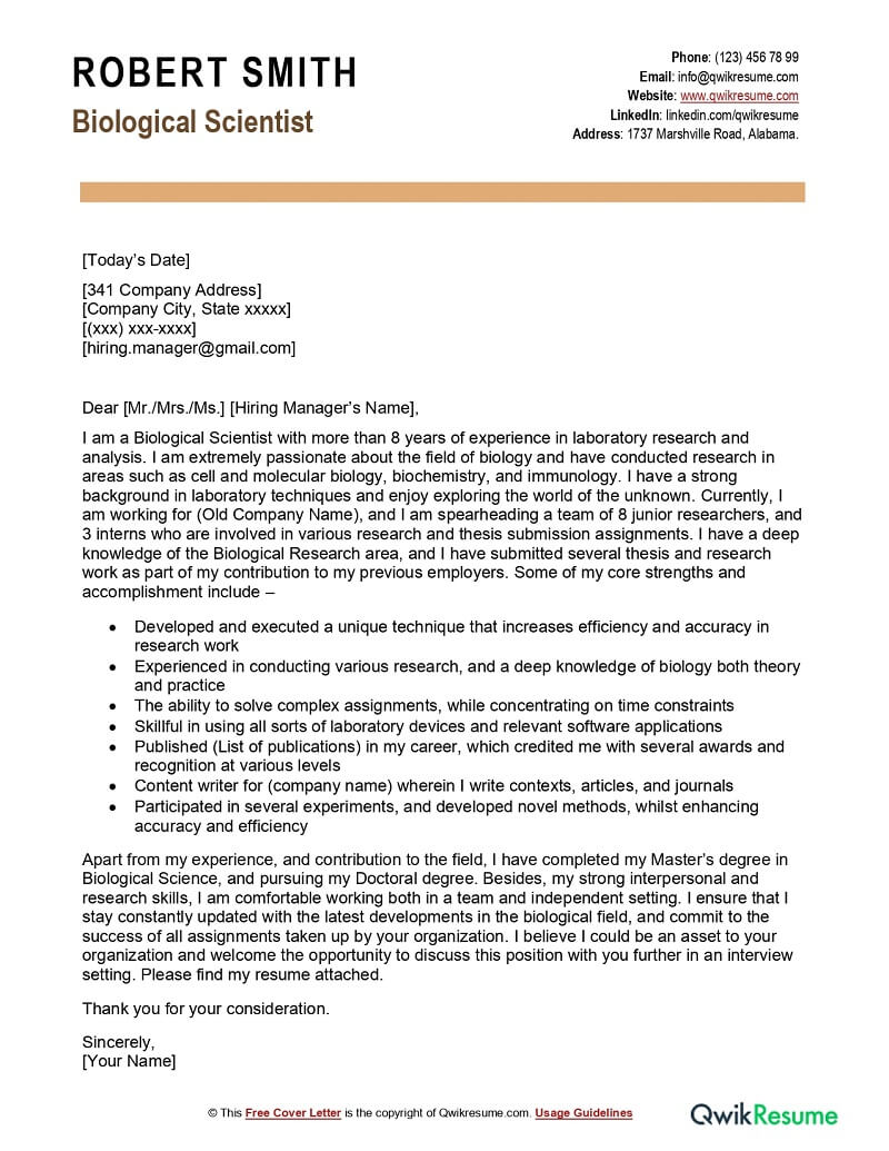Biological Scientist Cover Letter Examples QwikResume