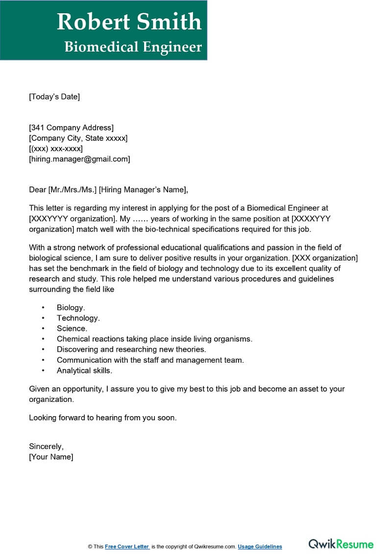 Biomedical Engineer Cover Letter Examples QwikResume