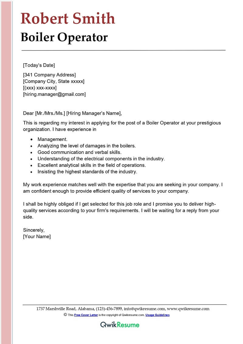 Boiler Operator Cover Letter Examples QwikResume