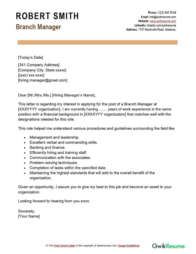 Branch Manager Cover Letter Examples QwikResume