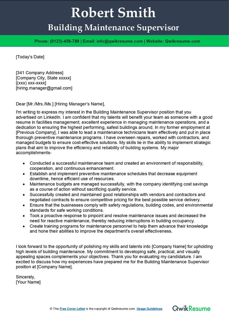 Building Maintenance Supervisor Cover Letter Examples QwikResume Building Maintenance Supervisor Cover Letter Examples QwikResume