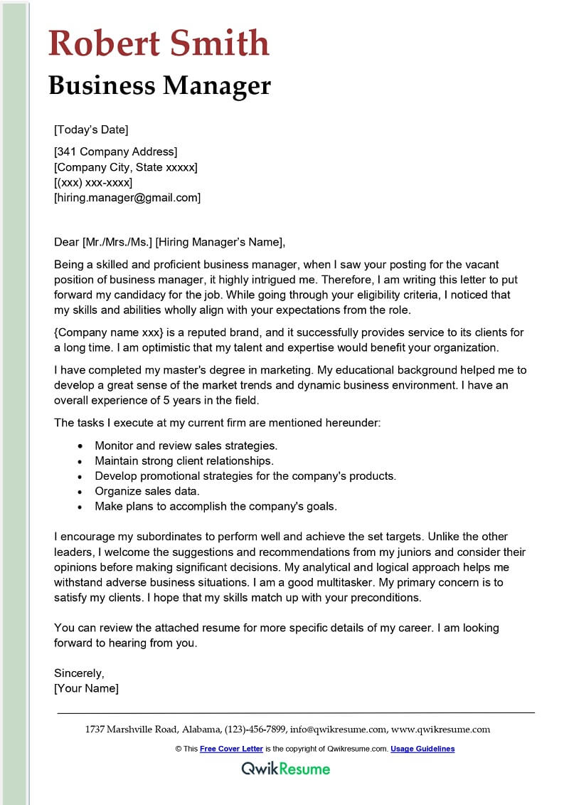 Business Manager Cover Letter Examples QwikResume