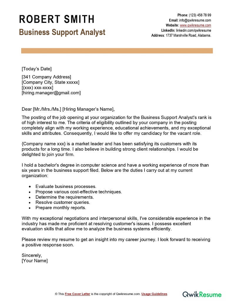Business Support Manager Cover Letter Examples QwikResume