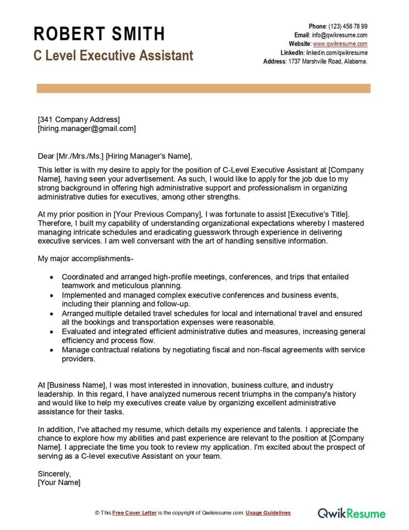 C Level Executive Assistant Cover Letter Examples QwikResume