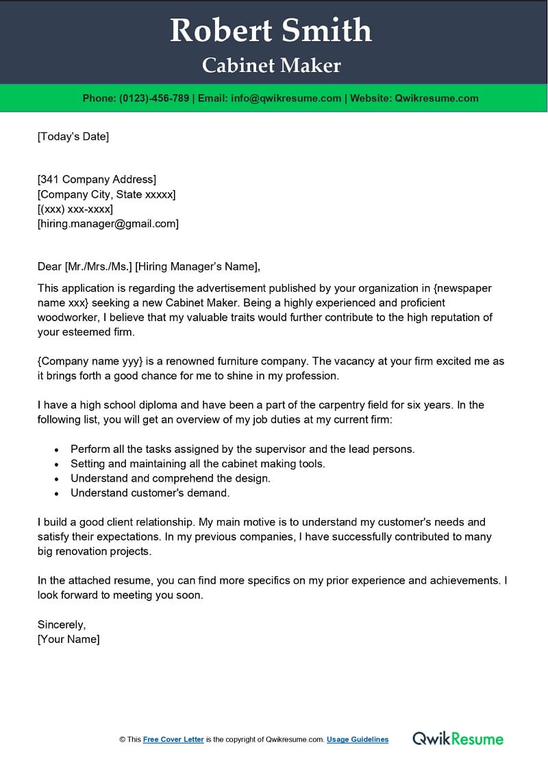 Cabinet Maker Cover Letter Examples QwikResume