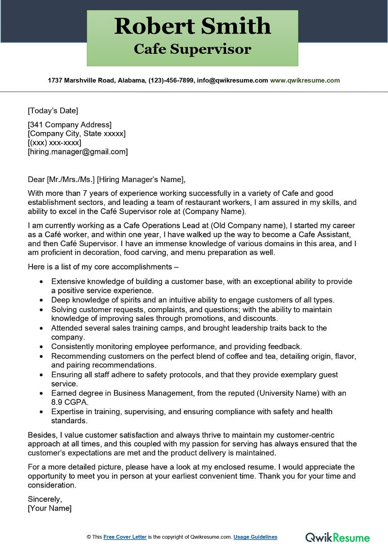 Cafe Supervisor Cover Letter Examples QwikResume