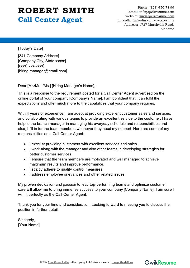 Call Center Agent Cover Letter Examples QwikResume