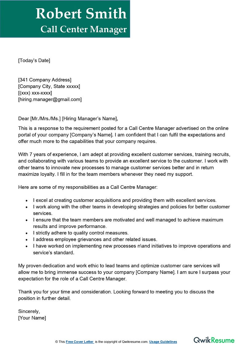 Call Center Supervisor Cover Letter Examples QwikResume