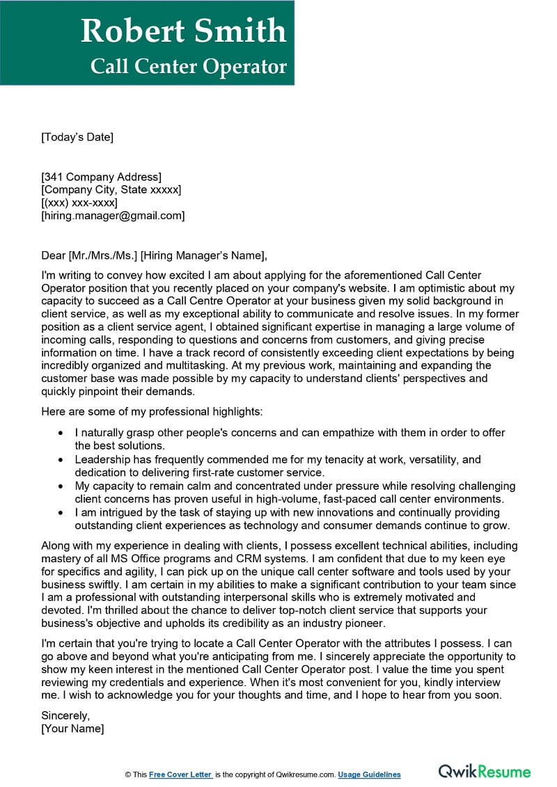 Call Center Operator Cover Letter Examples QwikResume