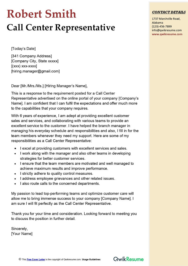 Call Centre Cover Letter Examples