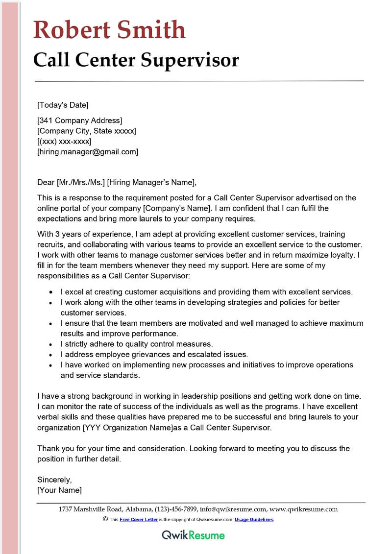 Call Center Supervisor Cover Letter Examples QwikResume