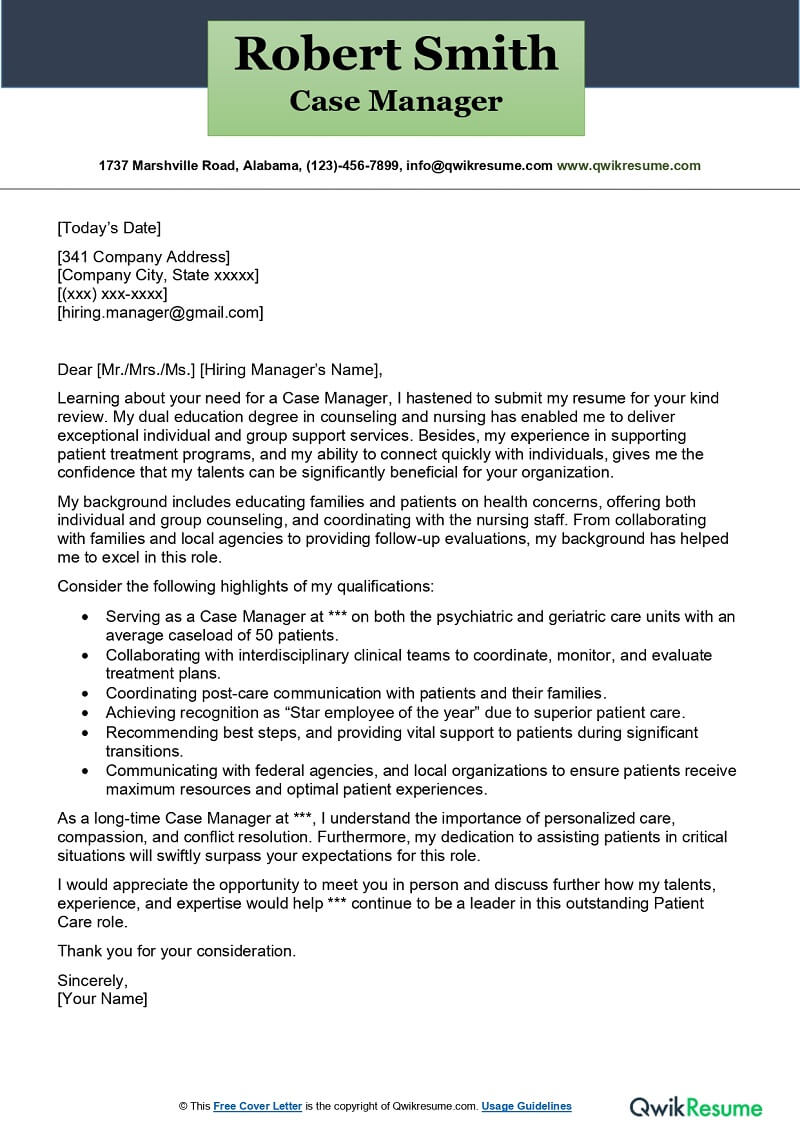Case Manager Cover Letter Examples QwikResume